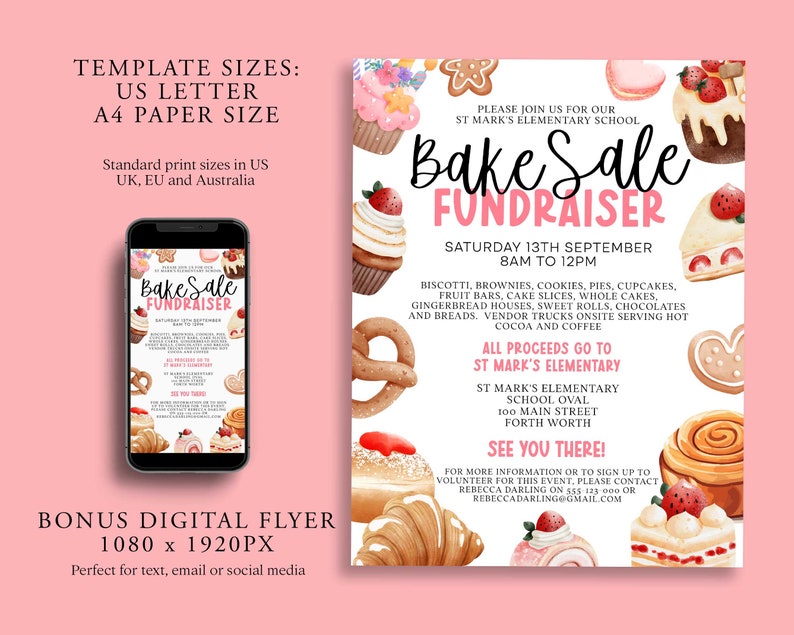 BAKE SALE Social Fundraiser Editable Template, Flyer, Printable PTA ...