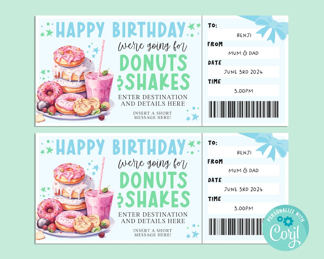 Birthday DONUTS & SHAKES Editable Gift Ticket Template, Happy Birthday ...