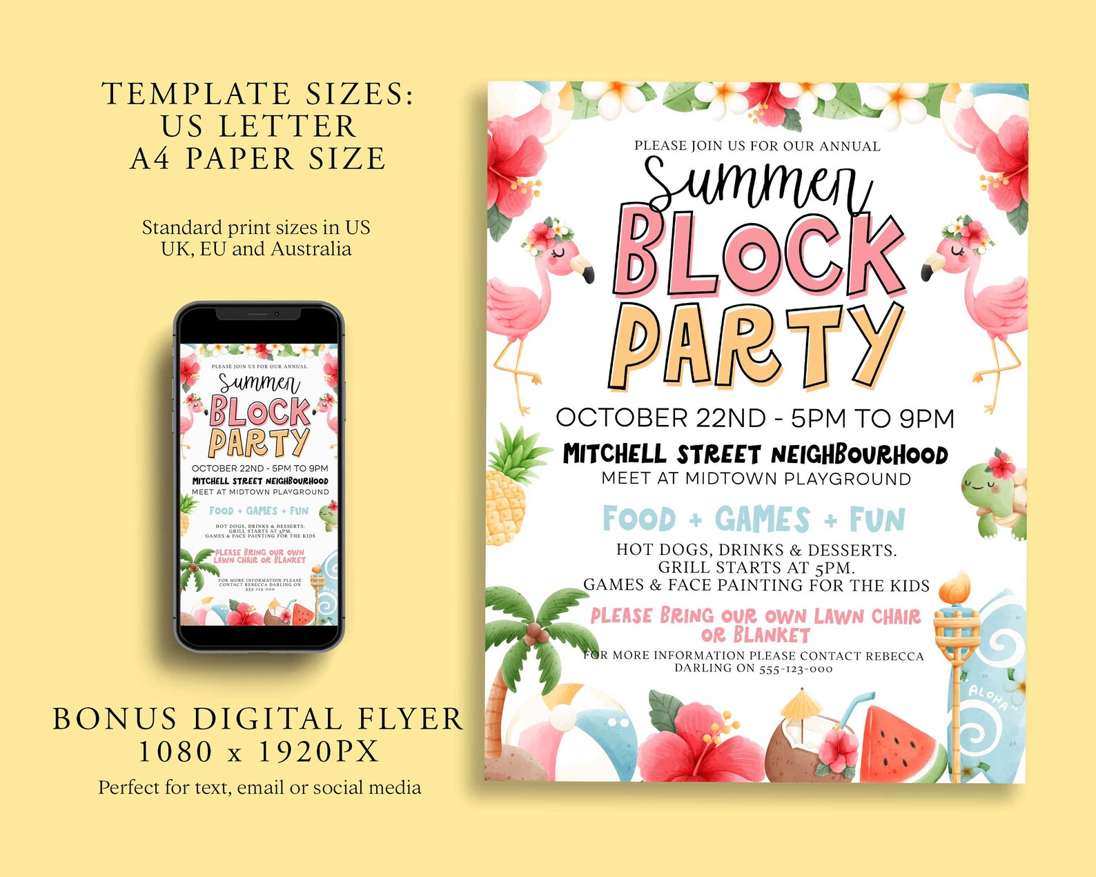 SUMMER Block Party Flyer Editable Template, Diy Barbeque, Luau, BEACH ...