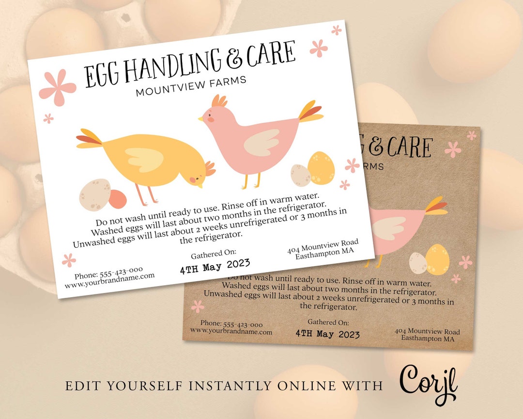 EGG HANDLING Instruction Card Template, Fresh Egg Care Label, Egg ...