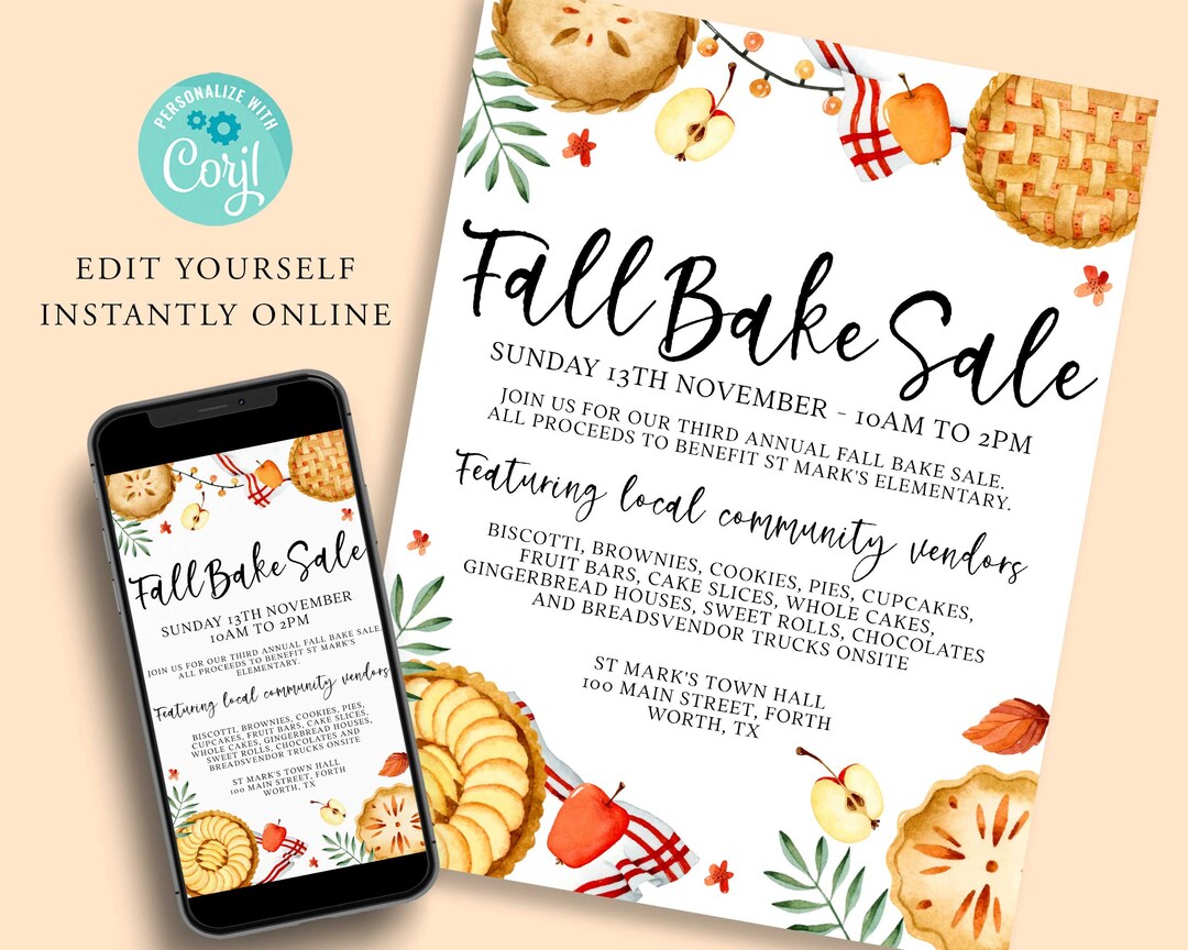 Editable FALL Bake Sale Flyer Template, DIY, Event Poster, Harvest ...
