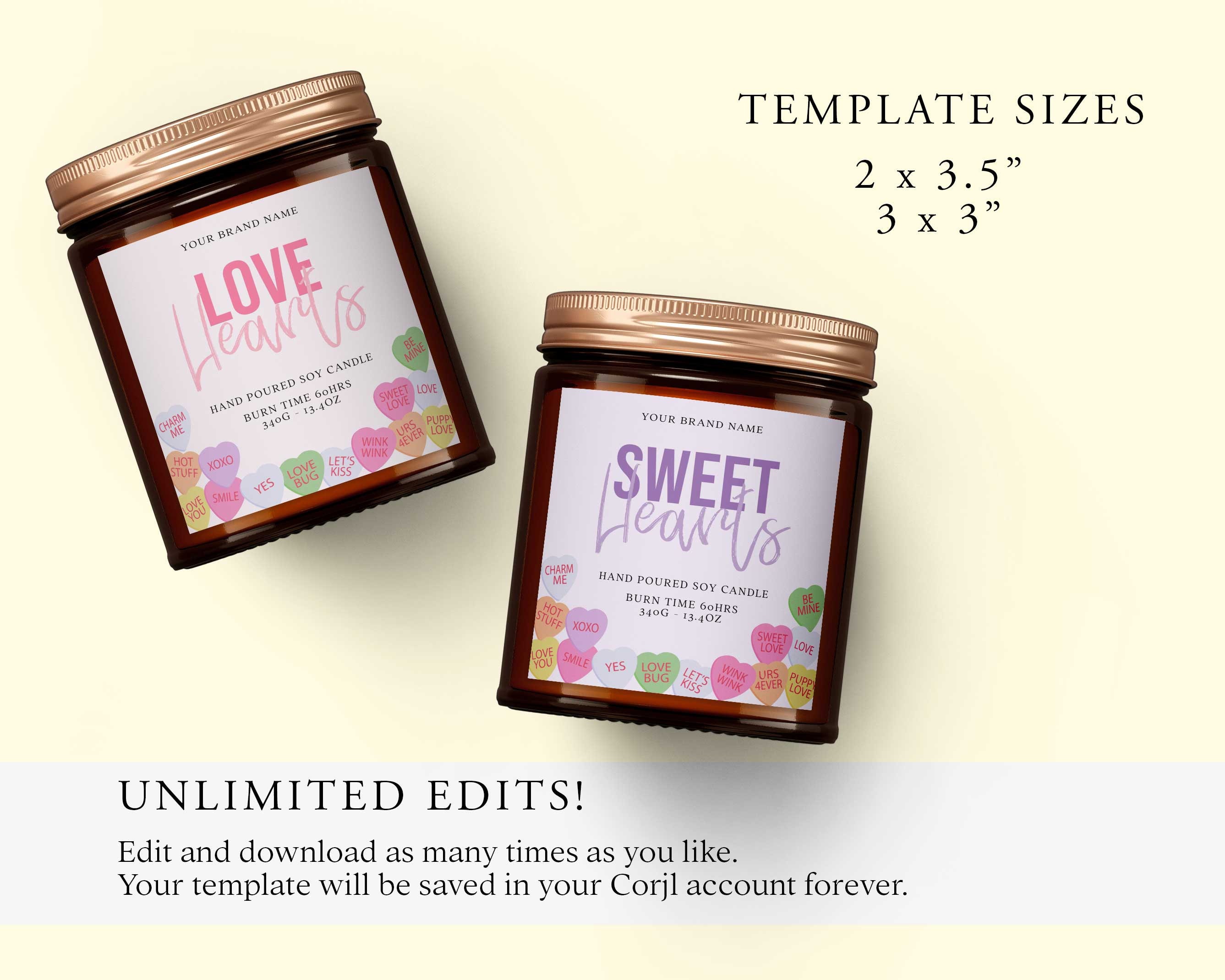 LOVE Editable Candle Label, WEDDING Candle Label Design, Candy Heart ...