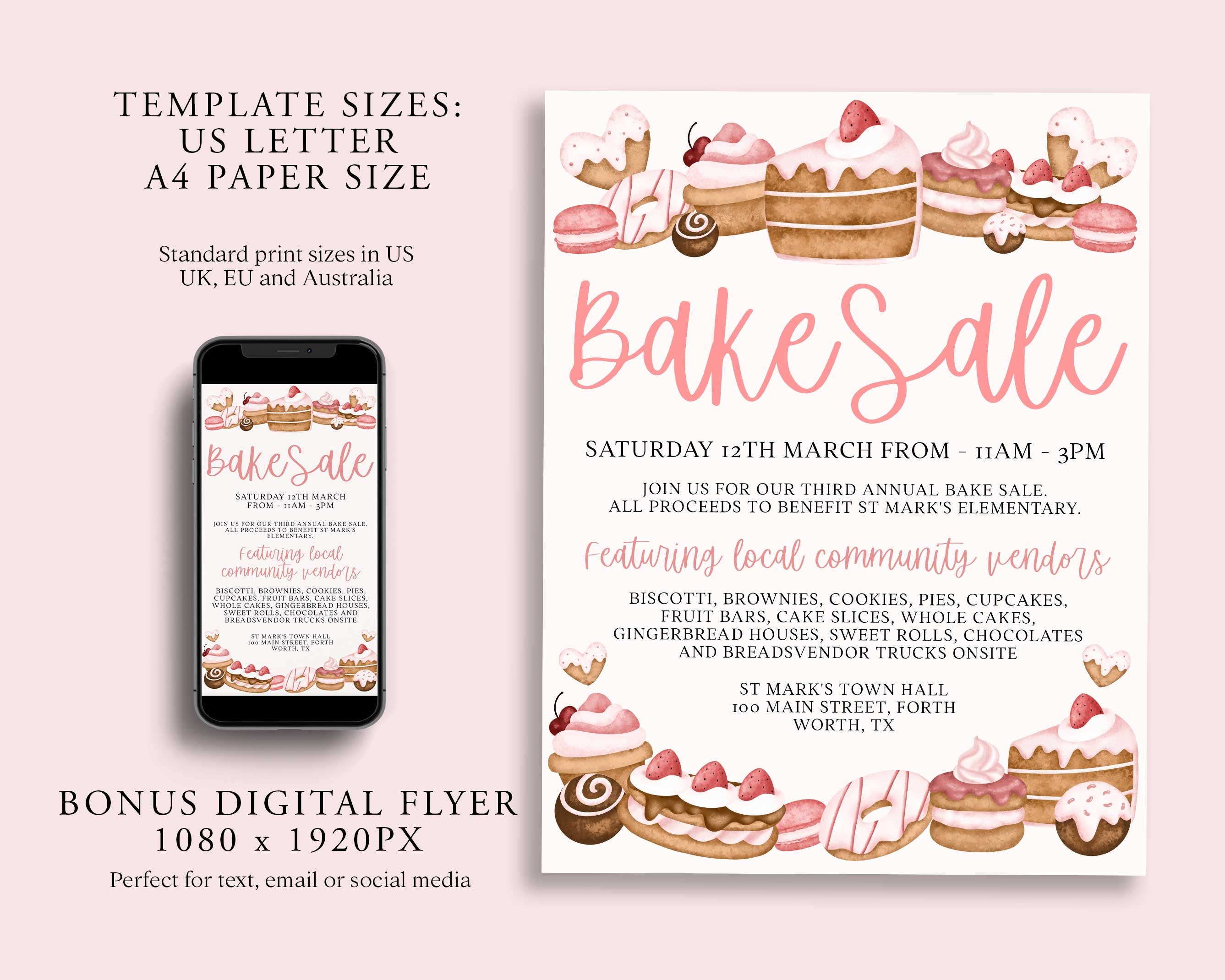 Editable BAKE SALE Flyer Template, DIY Market Sale, Community Fair ...