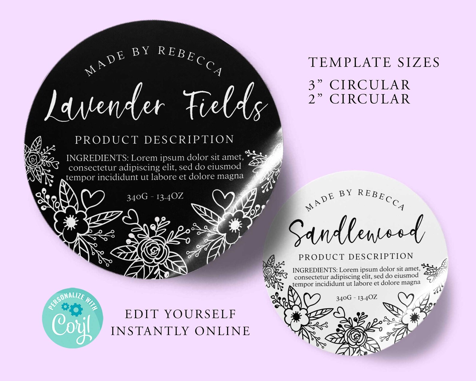 Classic Floral ROUND Editable Product Label, ORGANIC Custom Product ...