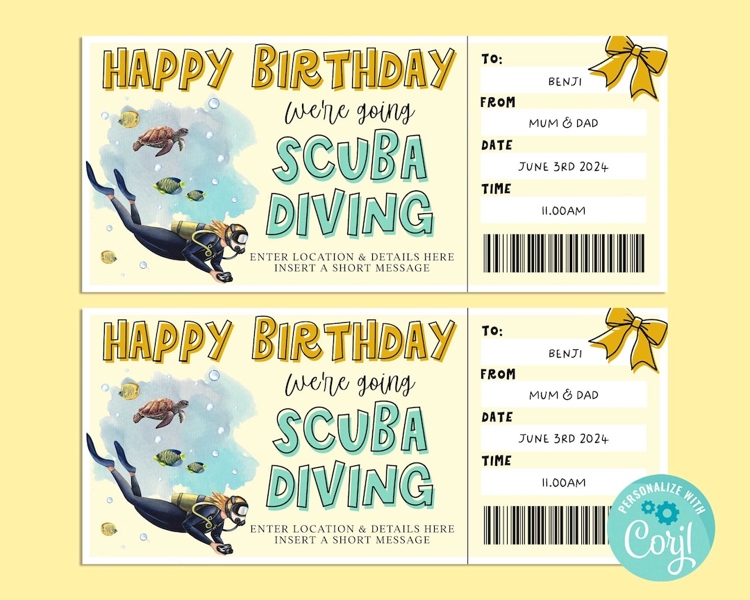 Happy Birthday SCUBA DIVING Gift Ticket, Birthday Gift Card, Gift ...