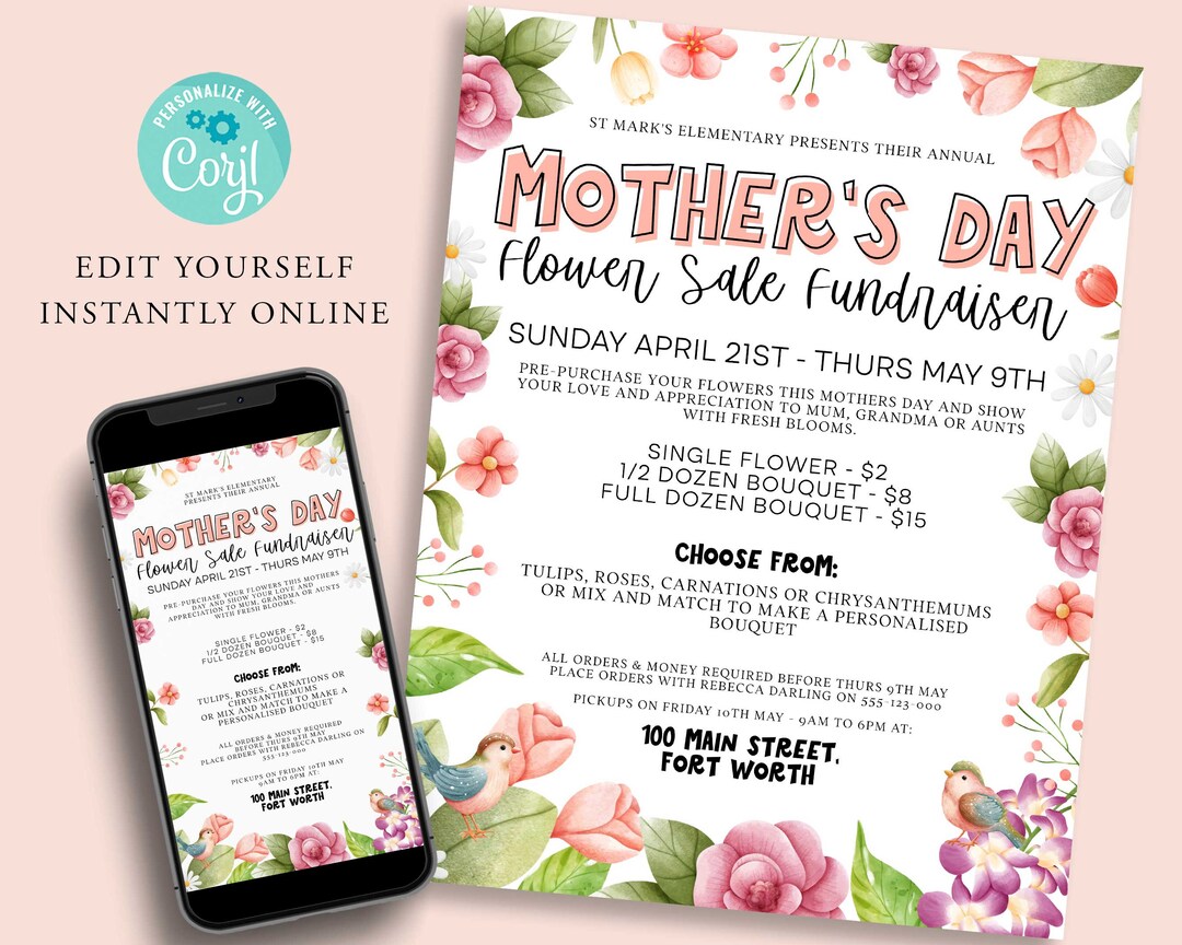 FLOWER SALE Mothers Day Flyer Template, Editable, Fundraiser, PTO ...