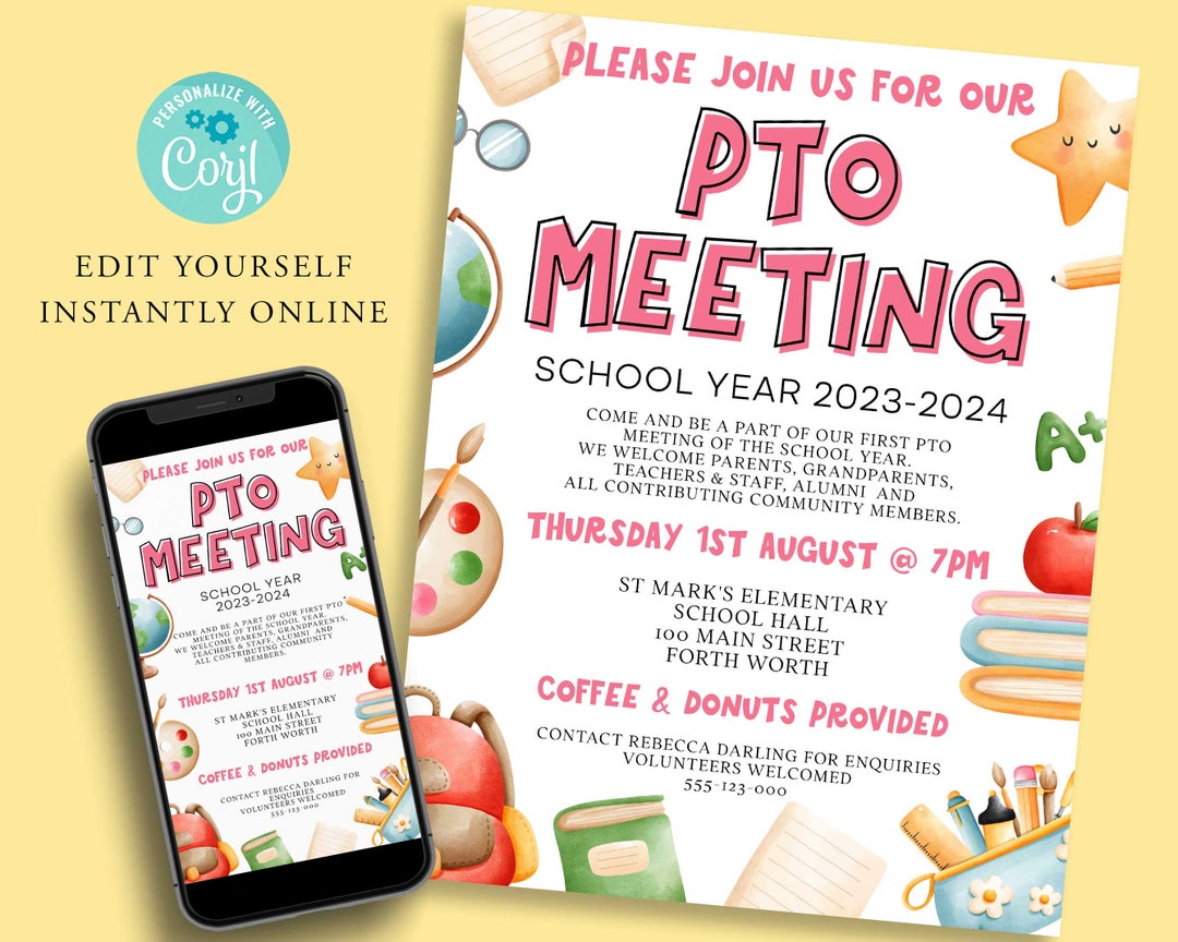 PTO MEETING Flyer Template, Pta, Fundraising Event, Volunteer, Meeting ...