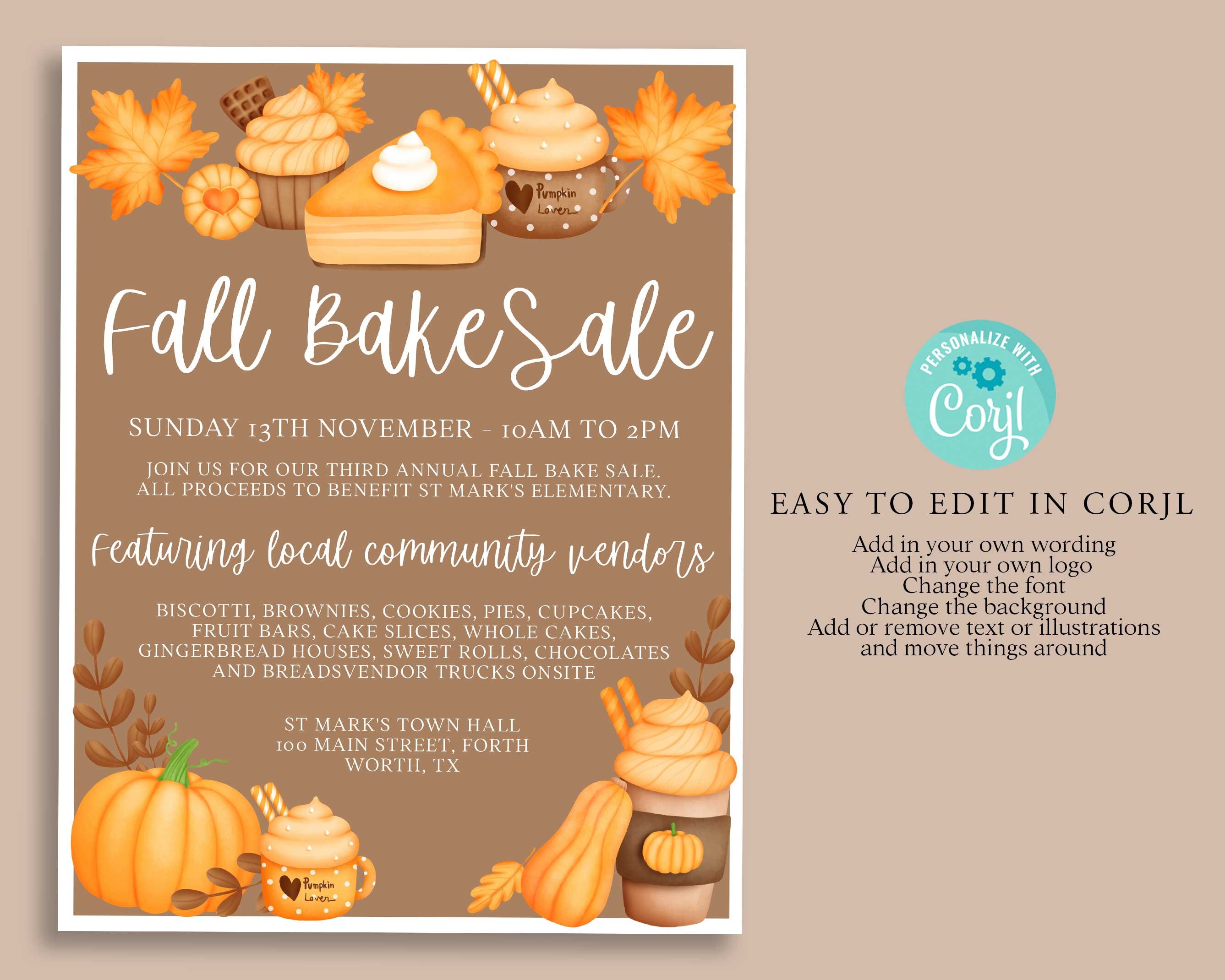 Editable FALL Bake Sale Flyer Template, DIY, Event Poster, Harvest ...