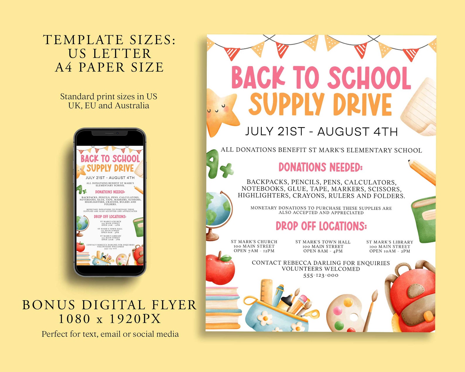 BACK to SCHOOL Supply Drive Flyer, Editable Flyer, Pta, Fundraiser ...