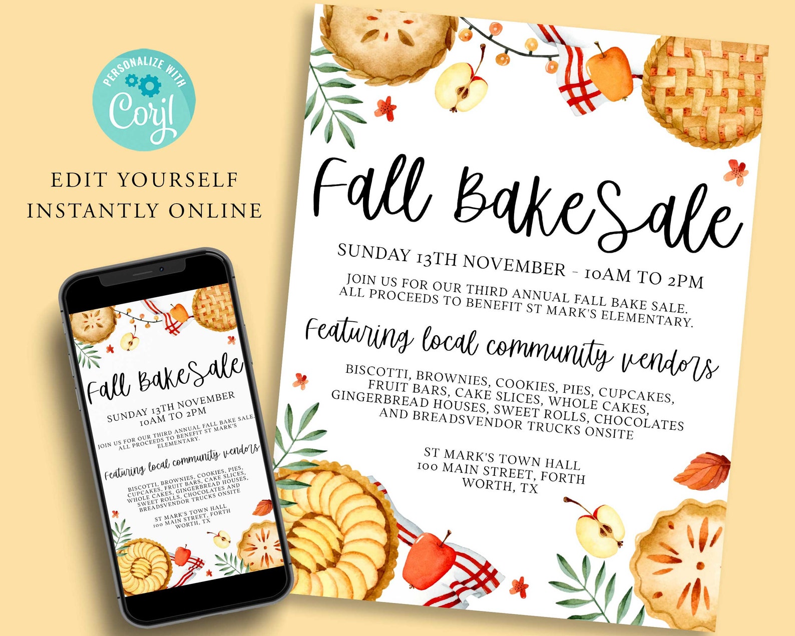Editable FALL Bake Sale Flyer Template, DIY, Event Poster, Harvest ...