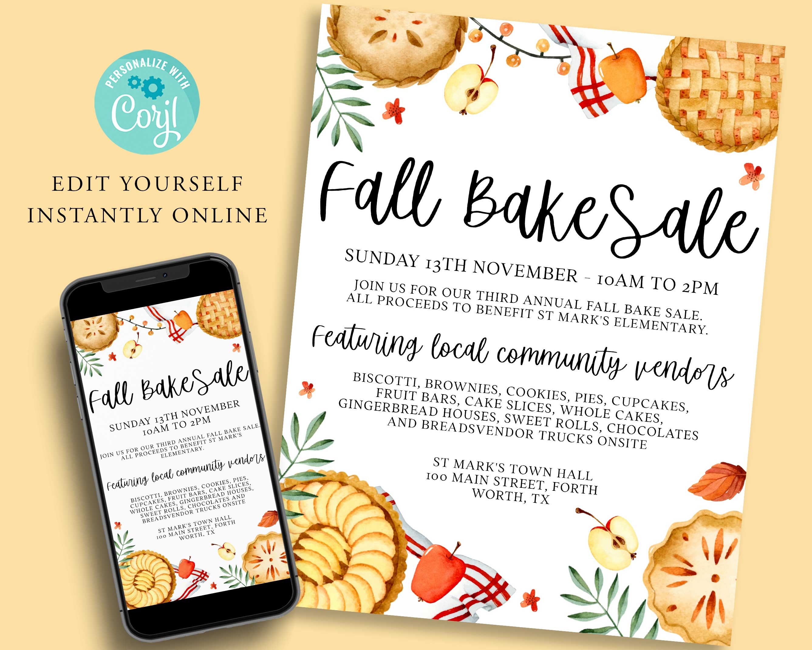Editable FALL Bake Sale Flyer Template, DIY, Event Poster, Harvest ...