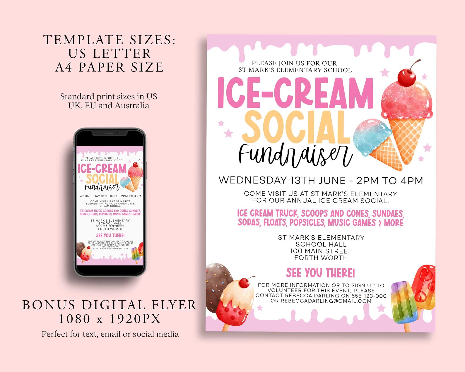 ICECREAM Social Fundraiser Editable Template, Flyer, Printable PTA ...