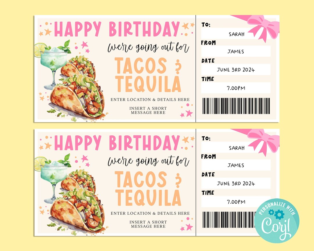 Birthday TACOS & TEQUILA Editable Gift Ticket Template, Birthday Gift ...