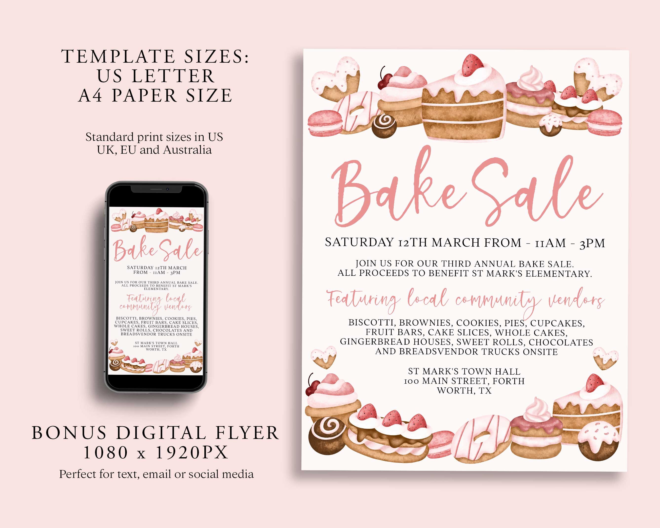 Editable BAKE SALE Flyer Template, DIY Market Sale, Community Fair ...