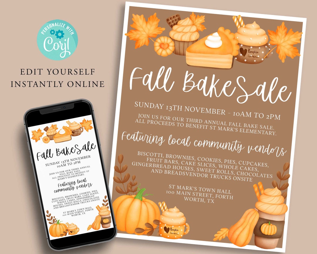 Editable FALL Bake Sale Flyer Template, DIY, Event Poster, Harvest ...