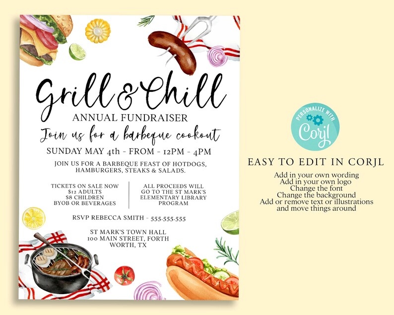 Editable BBQ Fundraiser Flyer Template, DIY Barbeque Sale, Event Poster ...