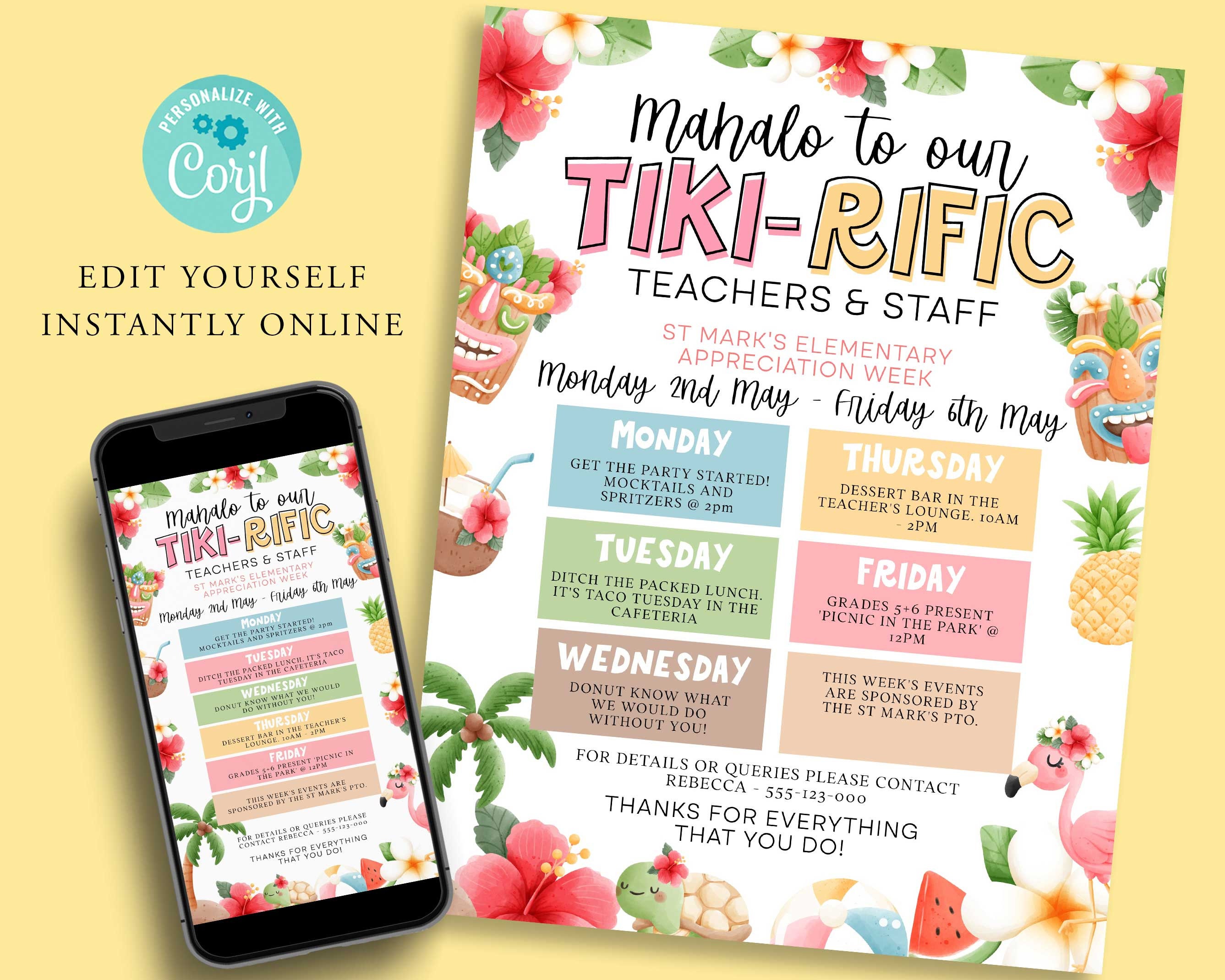Tiki TEACHER APPRECIATION Editable Flyer Template, Staff Invite, Family ...