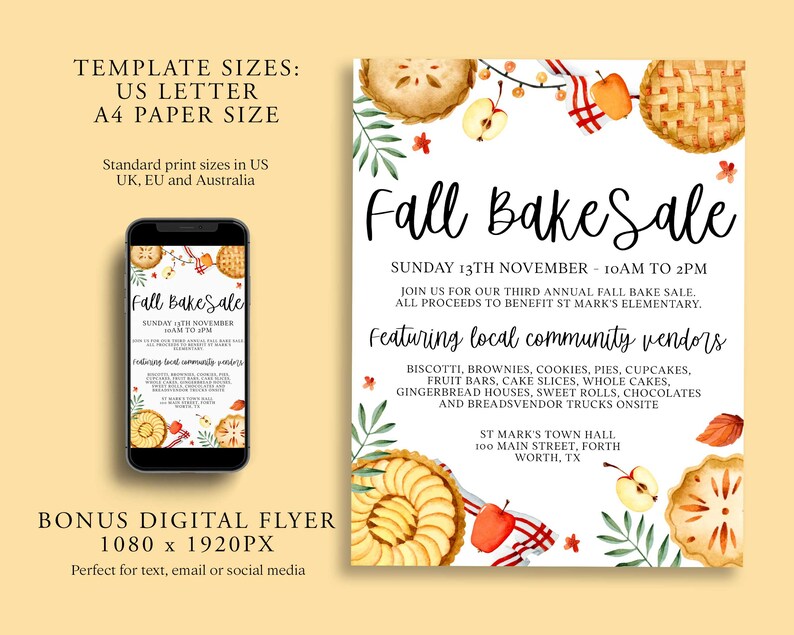Editable FALL Bake Sale Flyer Template, DIY, Event Poster, Harvest ...