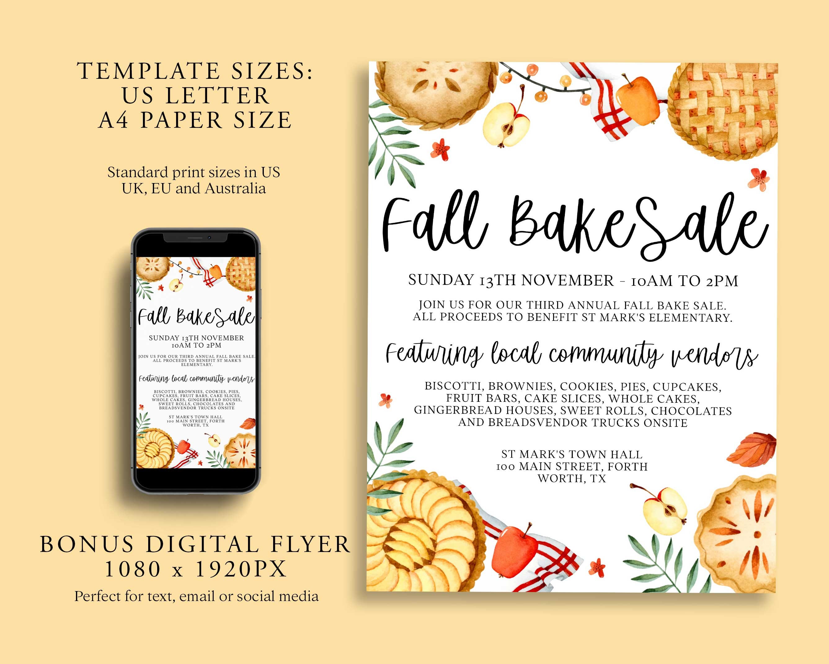 Editable FALL Bake Sale Flyer Template, DIY, Event Poster, Harvest ...