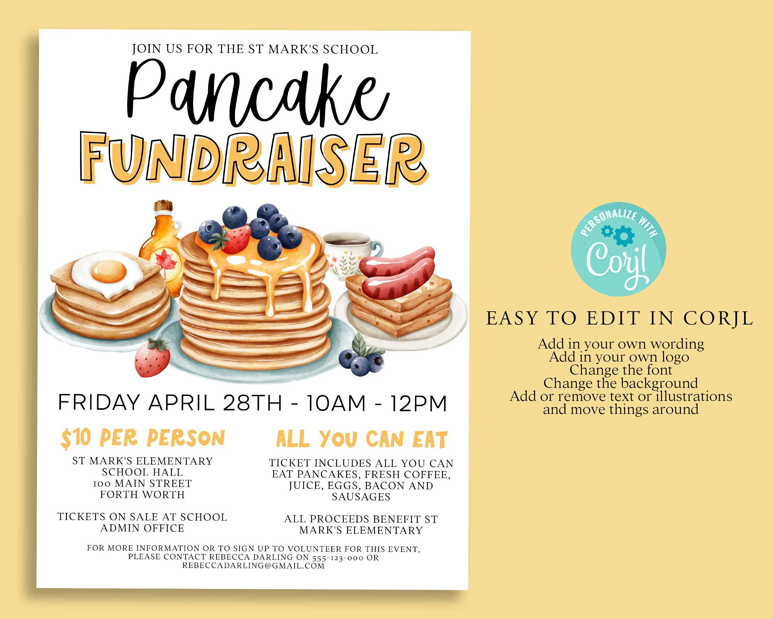 PANCAKE Fundraiser Editable Flyer Template, Teacher Appreciation, PTO ...