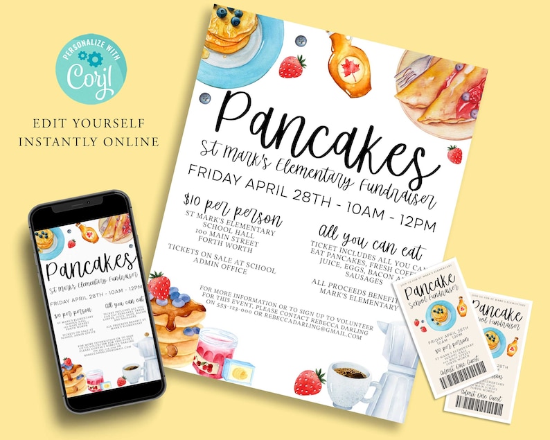 Editable PANCAKE Fundraiser Flyer Template, Teacher Appreciation ...