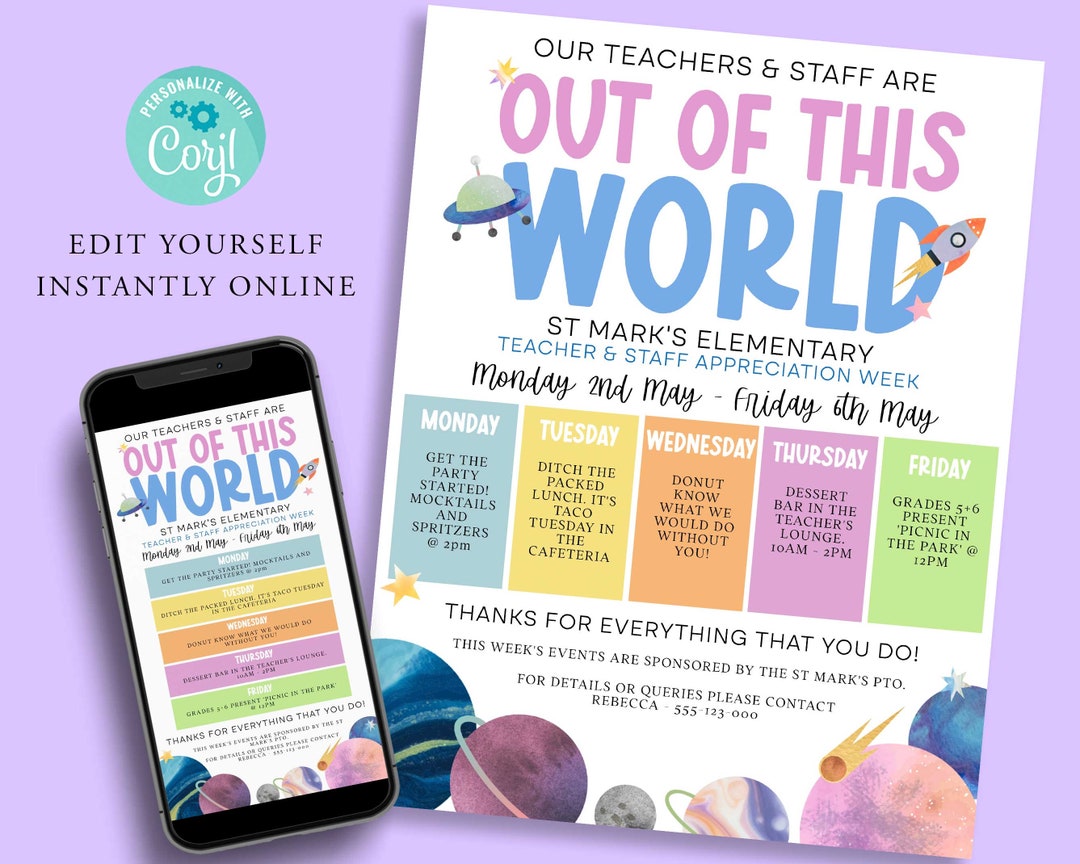 Space TEACHER APPRECIATION Editable Flyer Template, Staff Invite ...