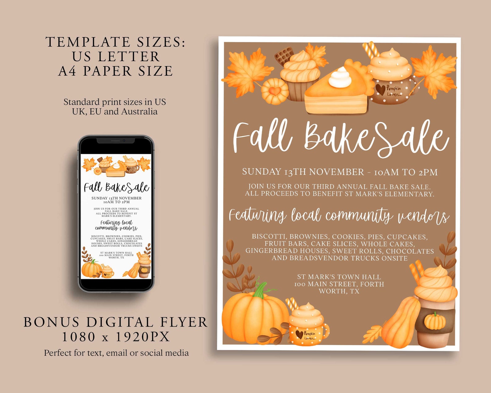 Editable FALL Bake Sale Flyer Template, DIY, Event Poster, Harvest ...