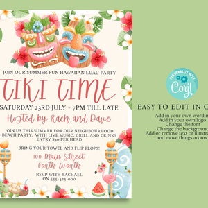 Editable TIKI Party Flyer Template, Diy Barbeque Invite, Summer, Luau ...