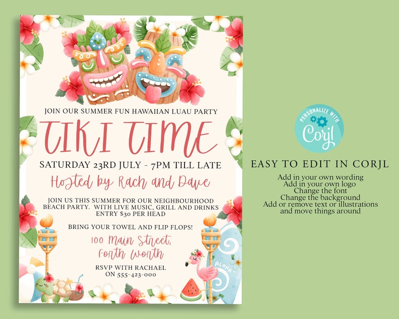Editable TIKI Party Flyer Template, Diy Barbeque Invite, Summer, Luau ...