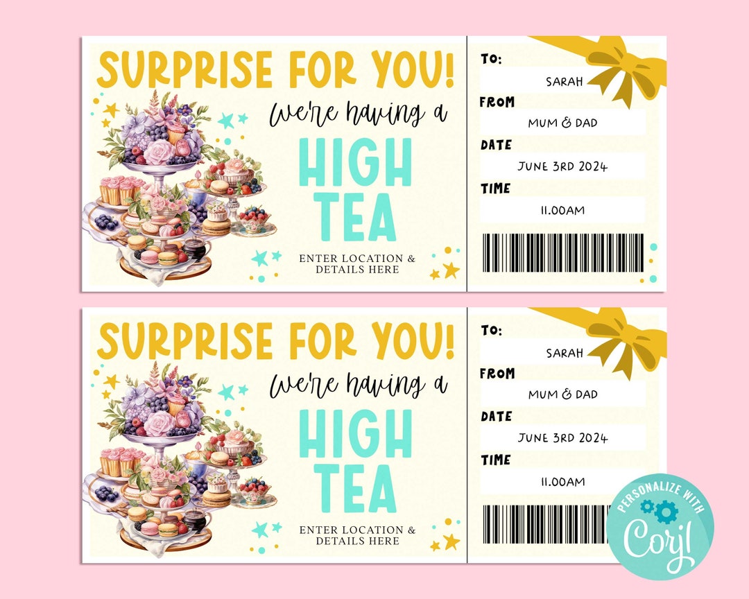 Surprise HIGH TEA Editable Gift Ticket Template, Birthday Gift ...