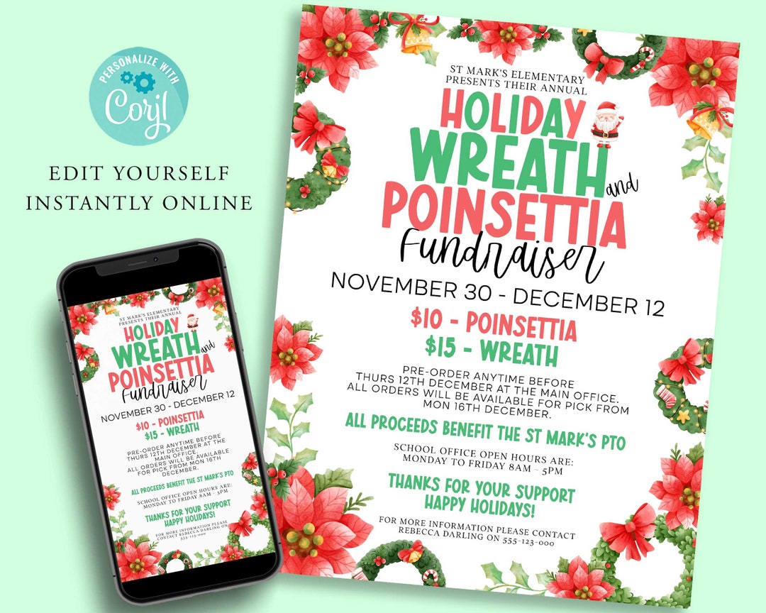 CHRISTMAS WREATH & Poinsettia Fundraiser Flyer, PTA Pto, School Teacher ...