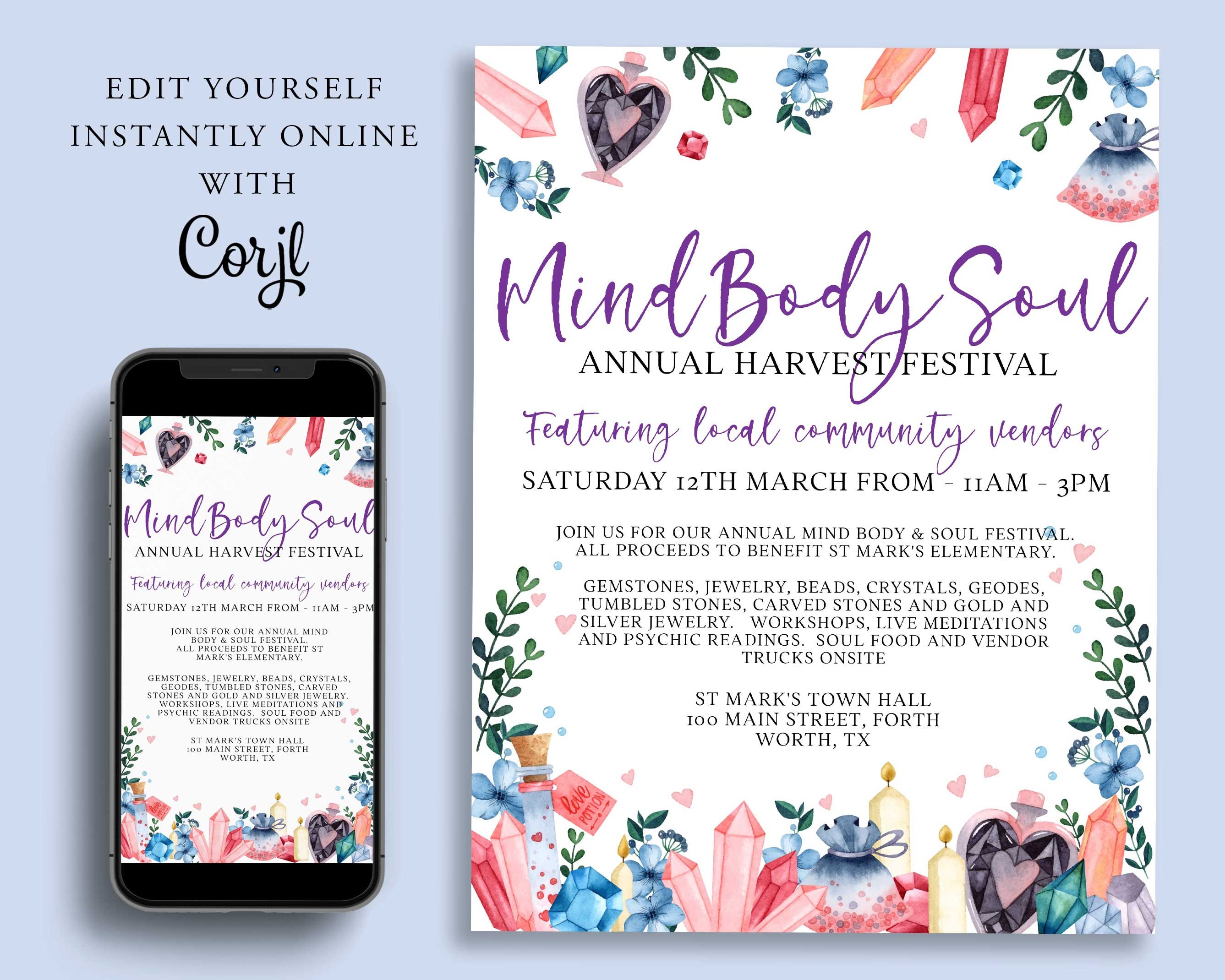 Editable MIND BODY SOUL Flyer Template, Diy Event Poster, Crystals ...