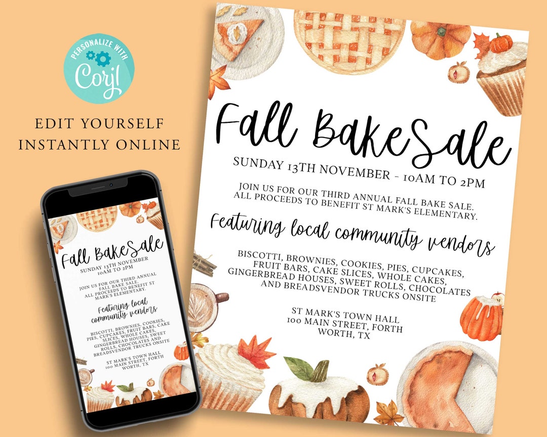 Editable FALL Bake Sale Flyer Template, DIY, Event Poster, Harvest ...