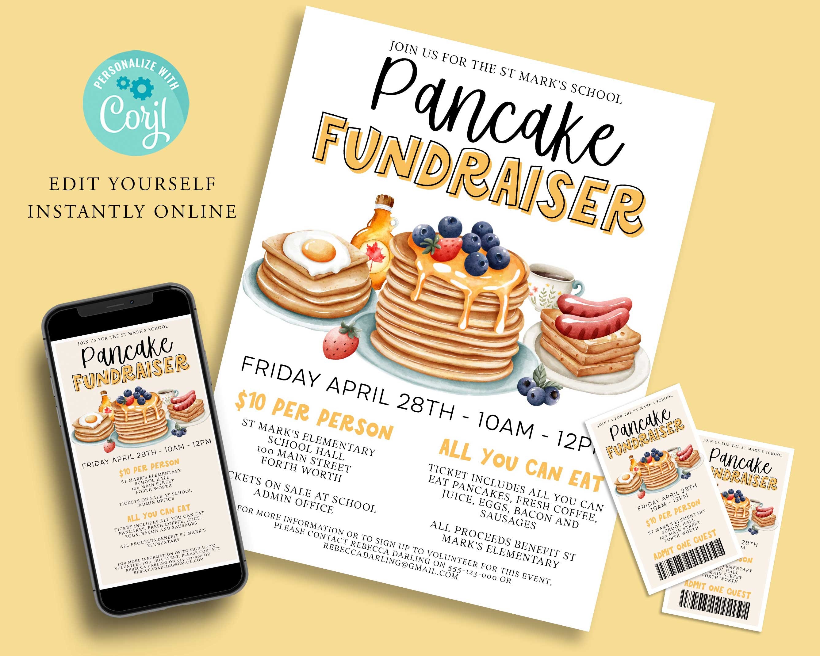 PANCAKE Fundraiser Editable Flyer Template, Teacher Appreciation, PTO ...