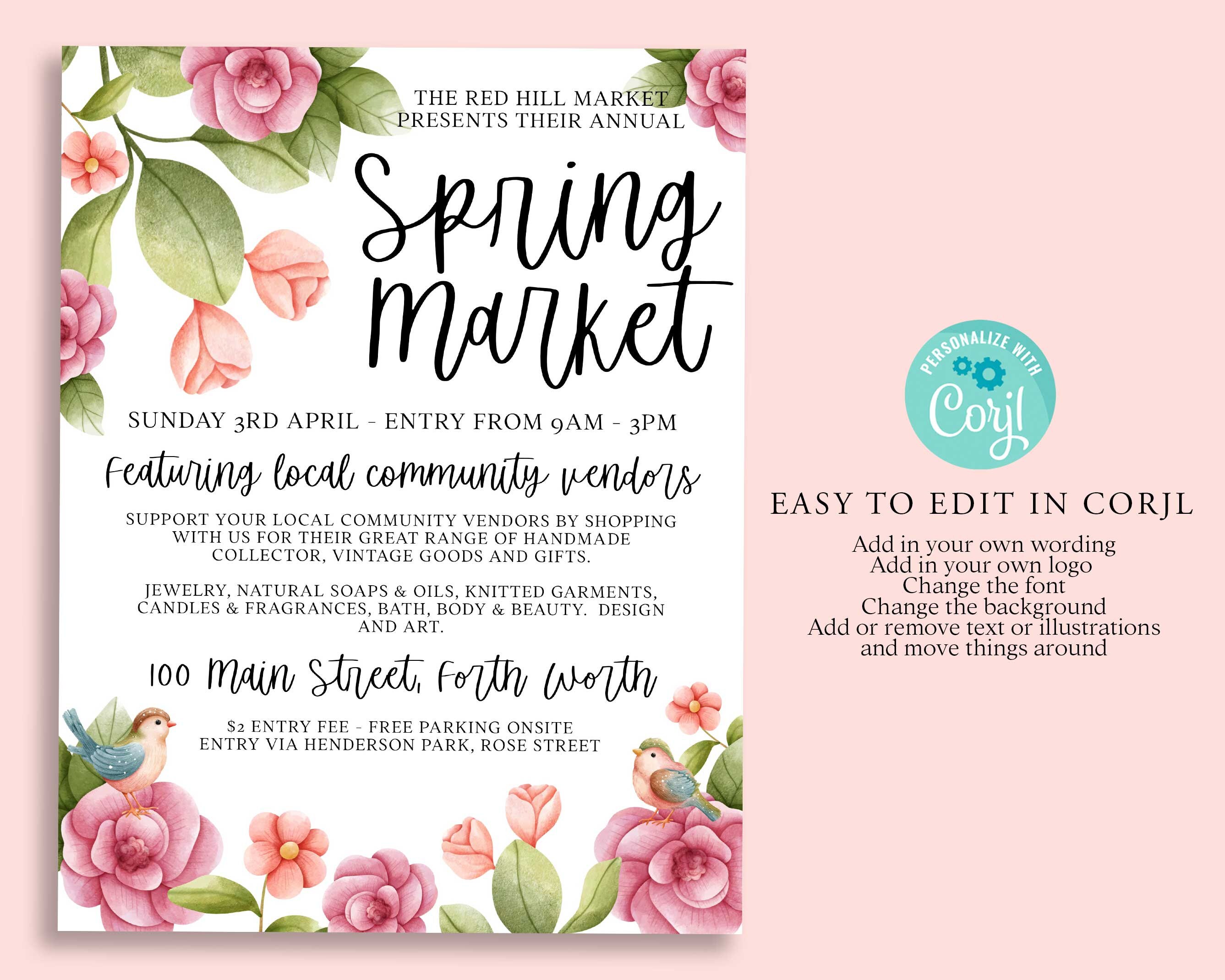 Editable SPRING MARKET Flyer Template, DIY Market Sale, Community Fair ...