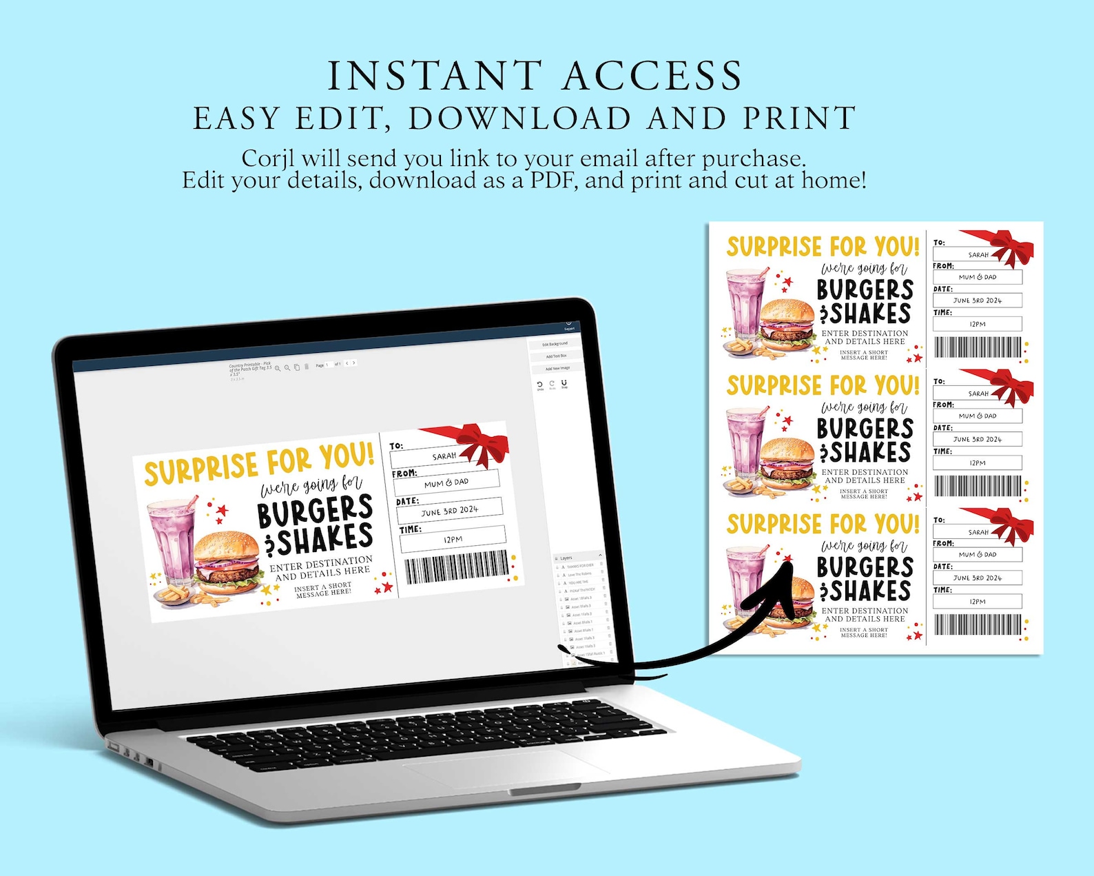 Surprise BURGERS & SHAKES Editable Gift Ticket Template, Birthday Gift ...
