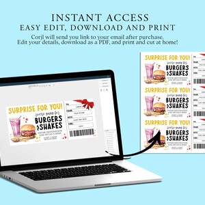 Surprise BURGERS & SHAKES Editable Gift Ticket Template, Birthday Gift ...