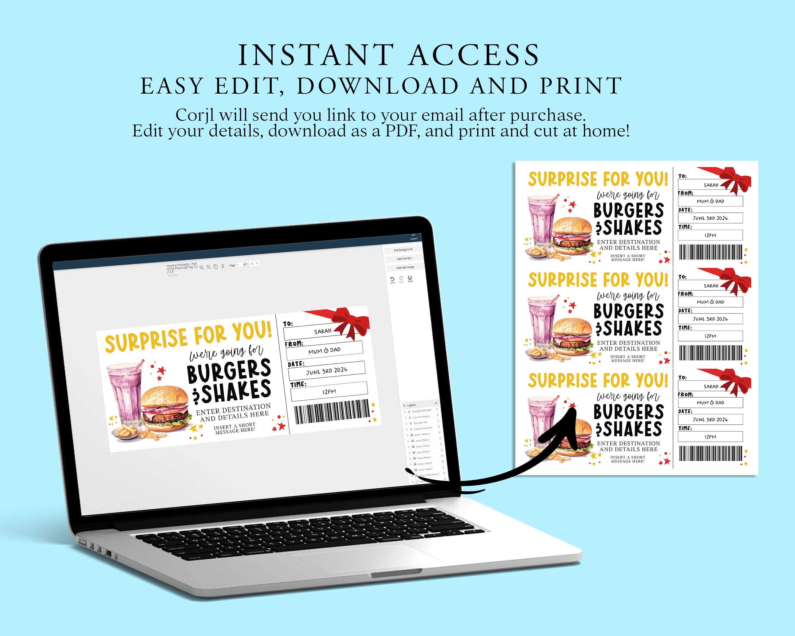 Surprise BURGERS & SHAKES Editable Gift Ticket Template, Birthday Gift ...