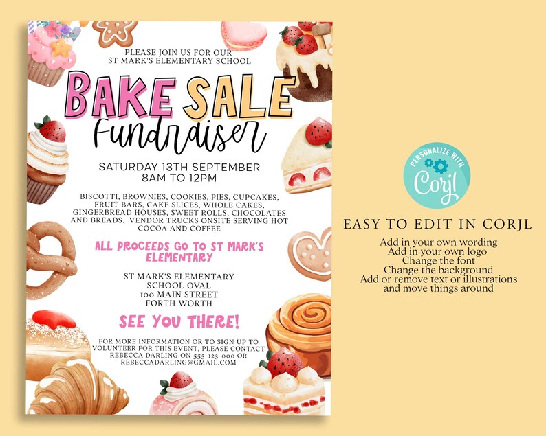 BAKE SALE Social Fundraiser Editable Template, Flyer, Printable PTA ...