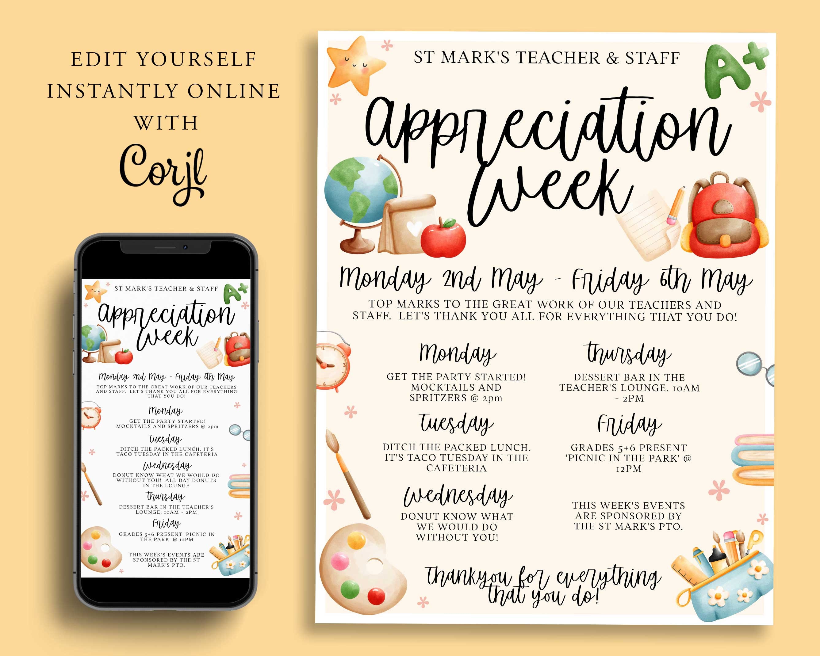 TEACHER APPRECIATION Editable Flyer Template, Staff Invite, Family ...