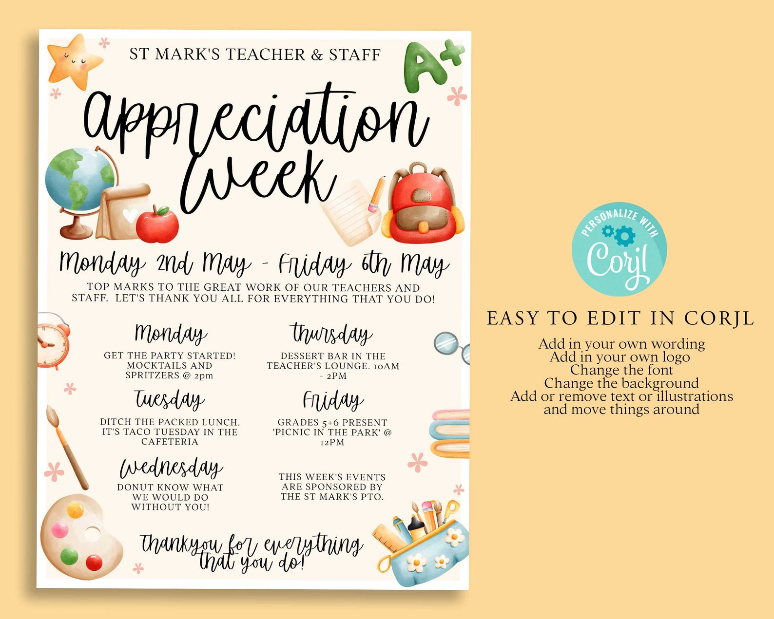 TEACHER APPRECIATION Editable Flyer Template, Staff Invite, Family ...