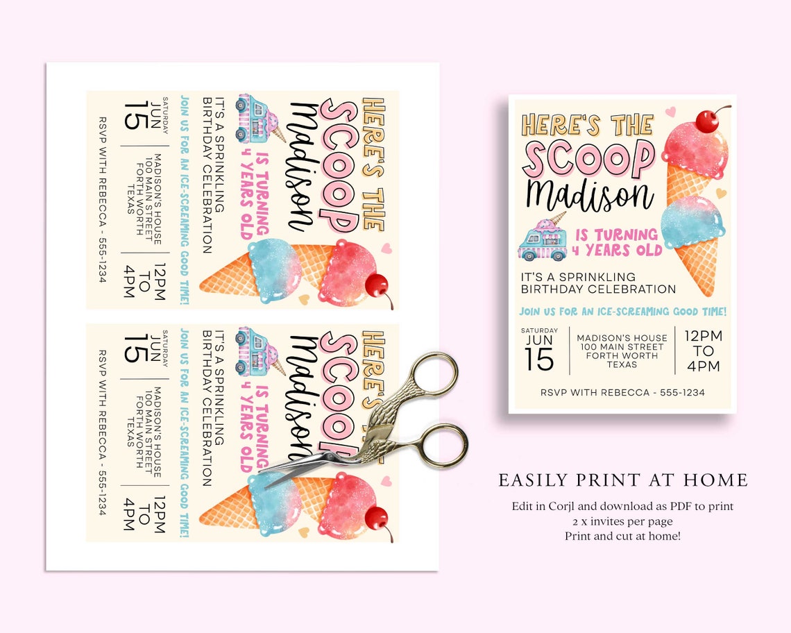 ICE CREAM Party Flyer Editable Template, Diy Kids Birthday, Party ...