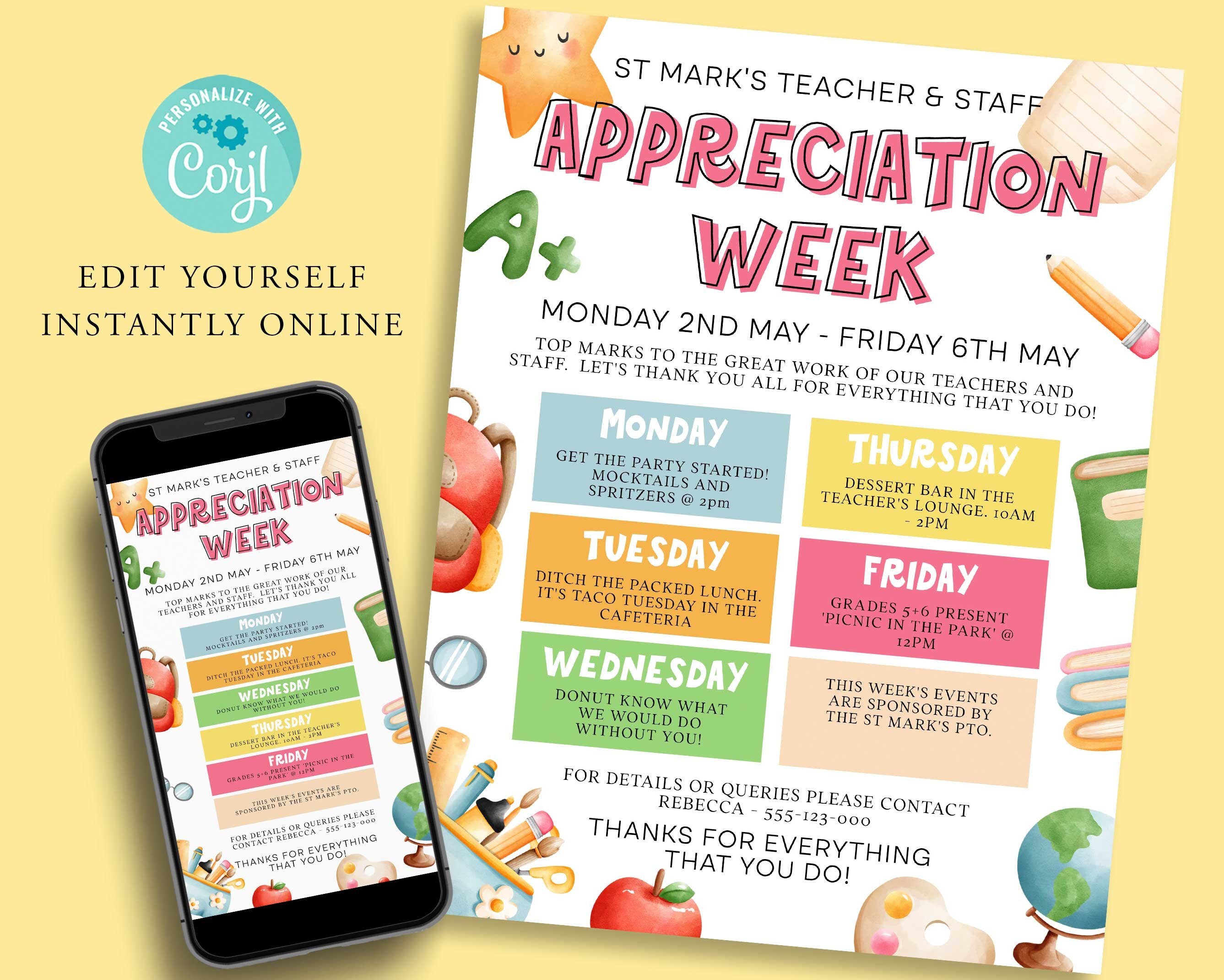 TEACHER APPRECIATION Editable Flyer Template, Staff Invite, Family ...