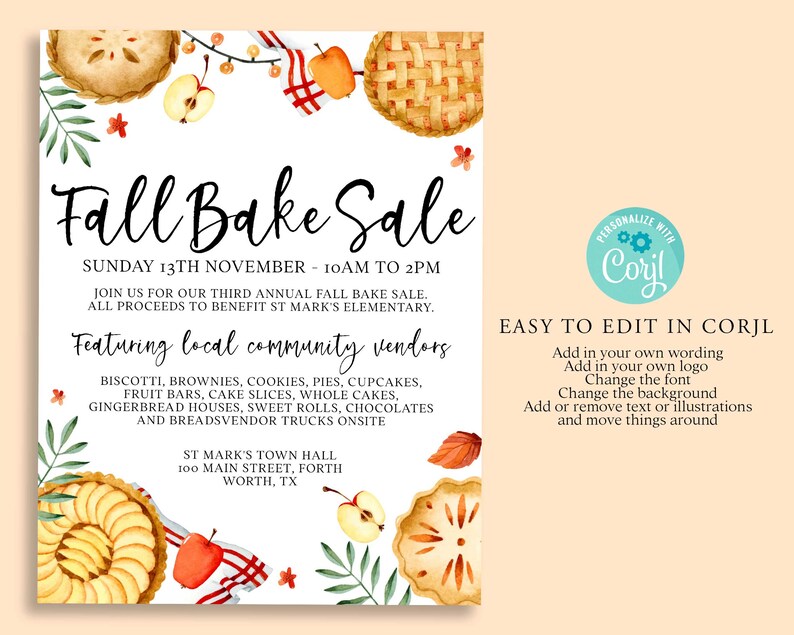 Editable FALL Bake Sale Flyer Template DIY Event Poster - Etsy
