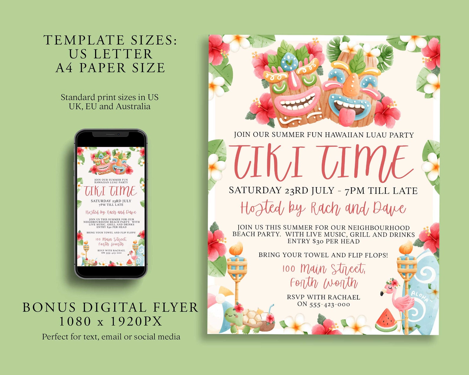Editable TIKI Party Flyer Template, Diy Barbeque Invite, Summer, Luau ...