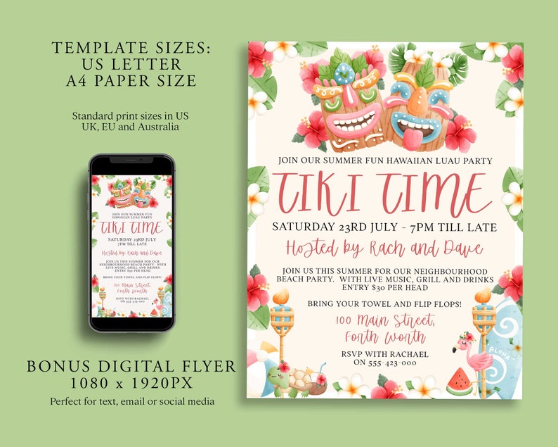Editable TIKI Party Flyer Template, Diy Barbeque Invite, Summer, Luau ...