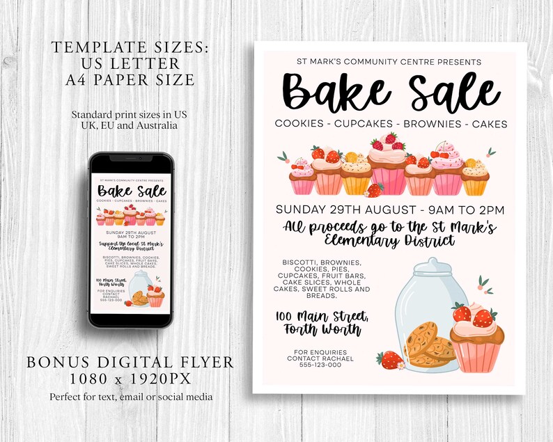 Editable BAKE SALE Flyer Template, DIY Market Sale, Community Fair ...