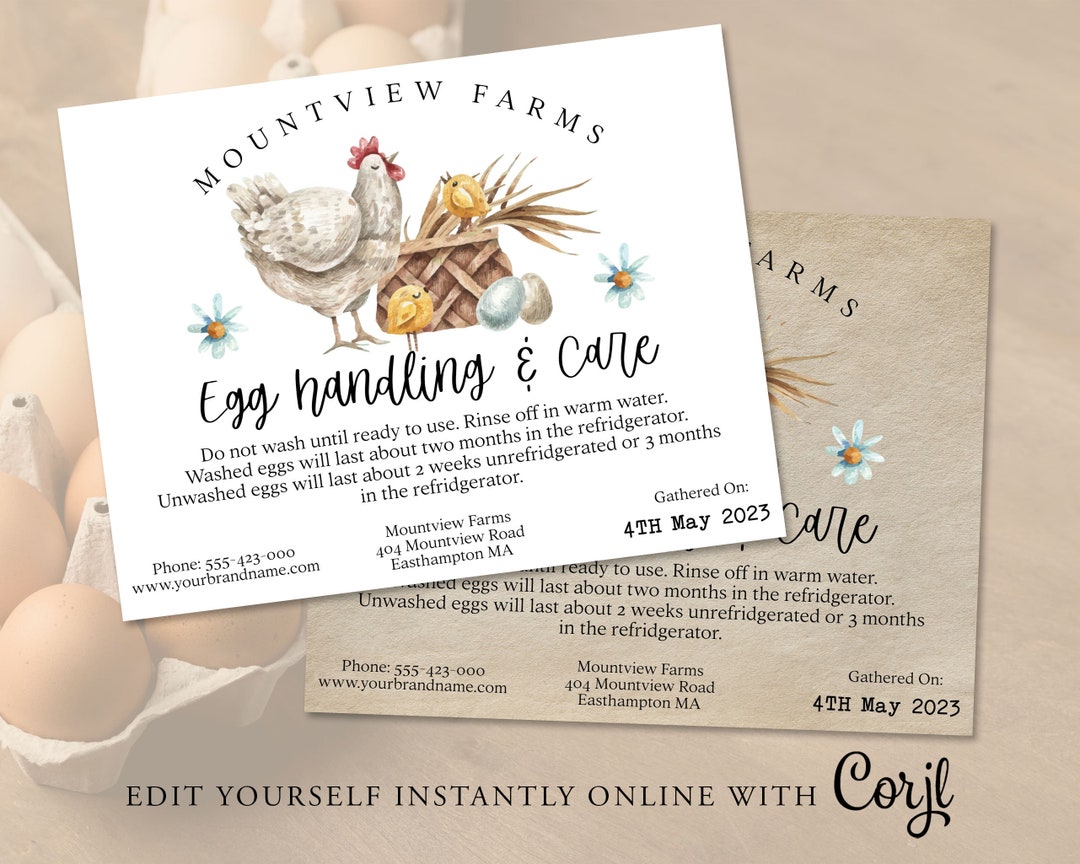 EGG HANDLING Instruction Card Template, Fresh Egg Care Label, Egg ...