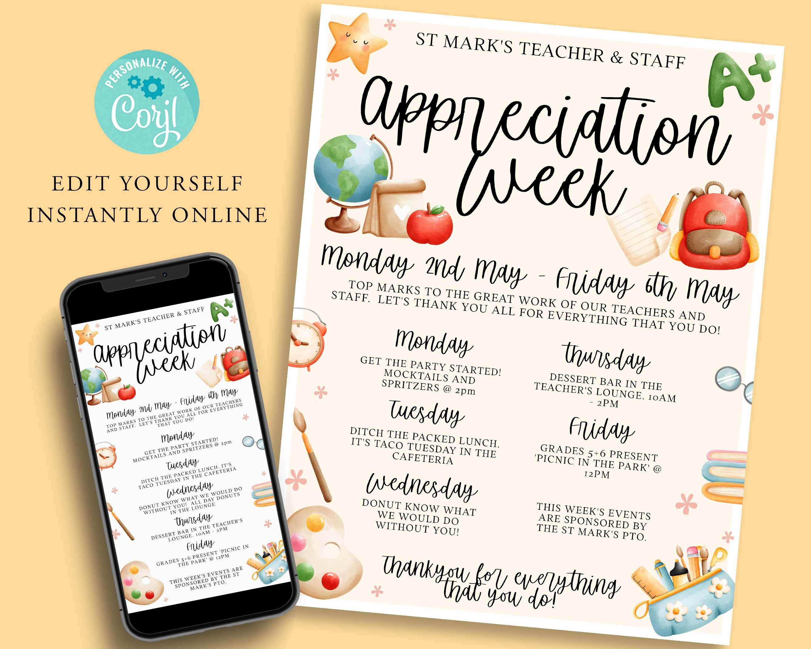 TEACHER APPRECIATION Editable Flyer Template, Staff Invite, Family ...