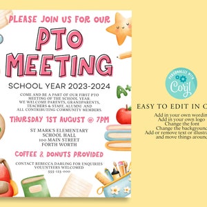 PTO MEETING Flyer Template, Pta, Fundraising Event, Volunteer, Meeting ...